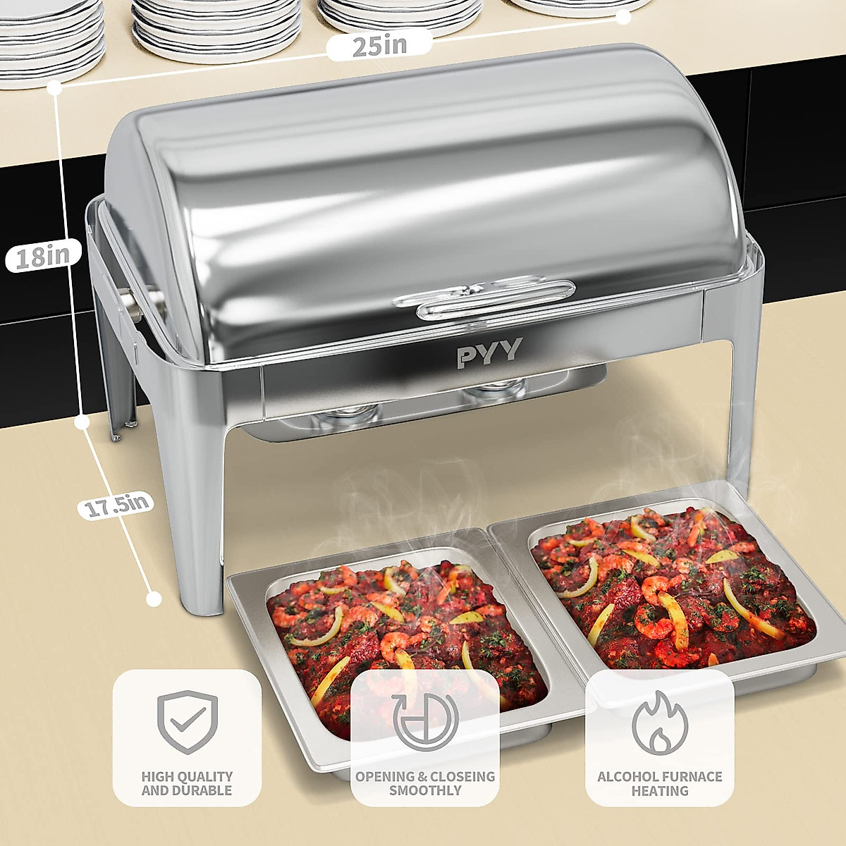 PYY Roll Top Chafing Dish Buffet Set with Stainless Steel Cover Commercial Chafer Chafers for Catering Rolling Buffet Servers and Warmers (2 Half-Size)
