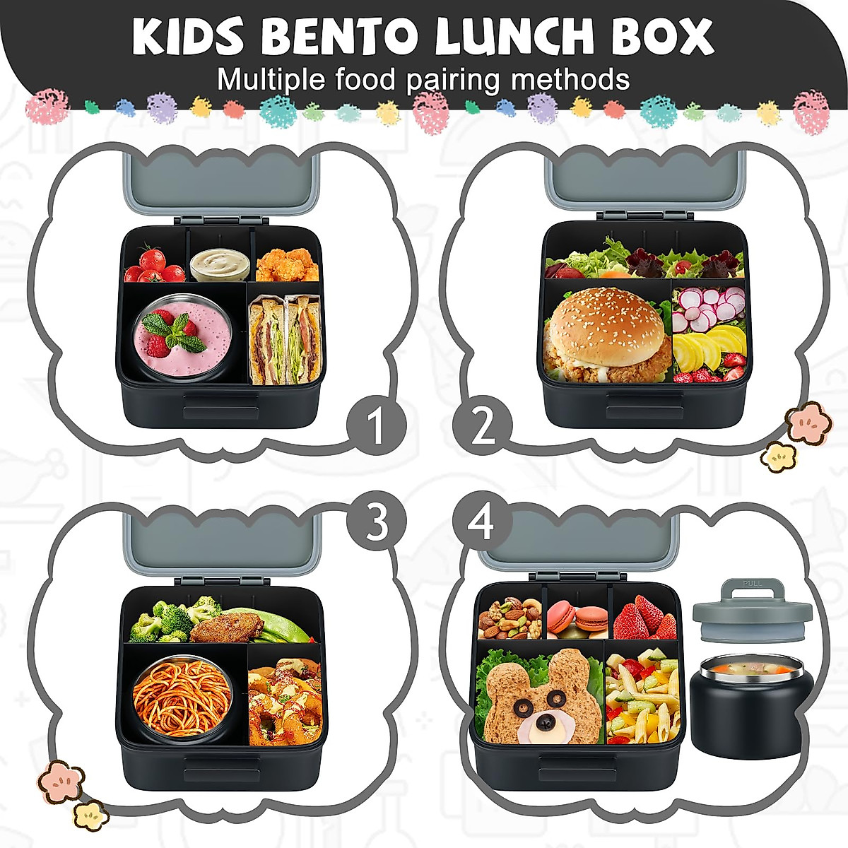 MAISON HUIS Bento Lunch Box for Kids With 8oz Soup Thermos, Leakproof Lunch Compartment Containers with 4 Compartment Bento Box, Thermos Food Jar and Lunch Bag, BPA Free,Travel, School(Unicorn)