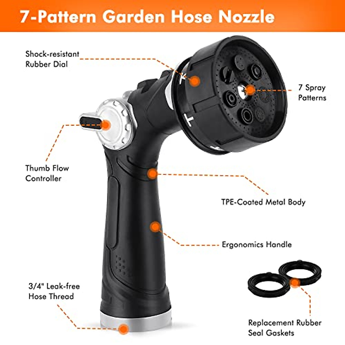 RESTMO Metal Hose Nozzle, Heavy Duty Garden Hose Nozzle Sprayer, Thumb Flow Control | High Pressure | 7 Spray Patterns, Ideal to Water Plants & Lawns, Wash Cars & Pets