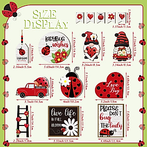 Maitys 15 Pieces Ladybug Tiered Tray Decor Set Spring Summer Wooden Blocks Sign Rustic Farmhouse Decor Ladybird Tiered Tray Decorative Trays Signs for Home Kitchen Shelf Table Decorations