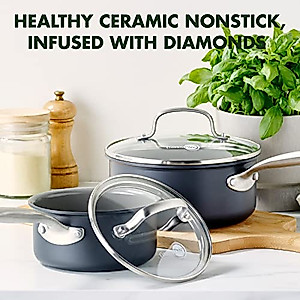 GreenPan Chatham Hard Anodized Healthy Ceramic Nonstick, 1.1QT and 2.1 QT Saucepan Set with Lids, PFAS-Free, Dishwasher Safe, Oven Safe, Gray