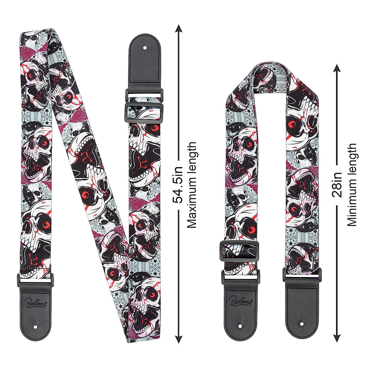 Skull Guitar Strap & Leather Ends Guitar Shoulder Strap for Bass, Electric, Acoustic Guitars