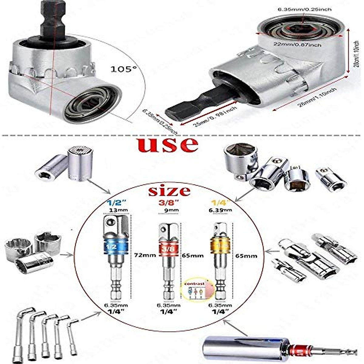3Pcs 1/4" 3/8" 1/2"Hex Socket Adapter Drill Bits Set,Impact Grade Socket Wrench Adapter Extension Set,105°Right Angle Drill Bit Adapter Attachment 1/4" Drive Hex Magnetic Bit Socket Screwdriver Drill