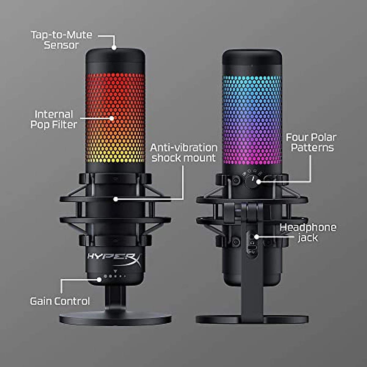 HyperX QuadCast S RGB USB Condenser Microphone for PC, PS4 and Mac, Anti-Vibration Shock Mount, Four Polar Patterns, Pop Filter, Gain Control, Gaming, Streaming, Podcasts (Renewed)