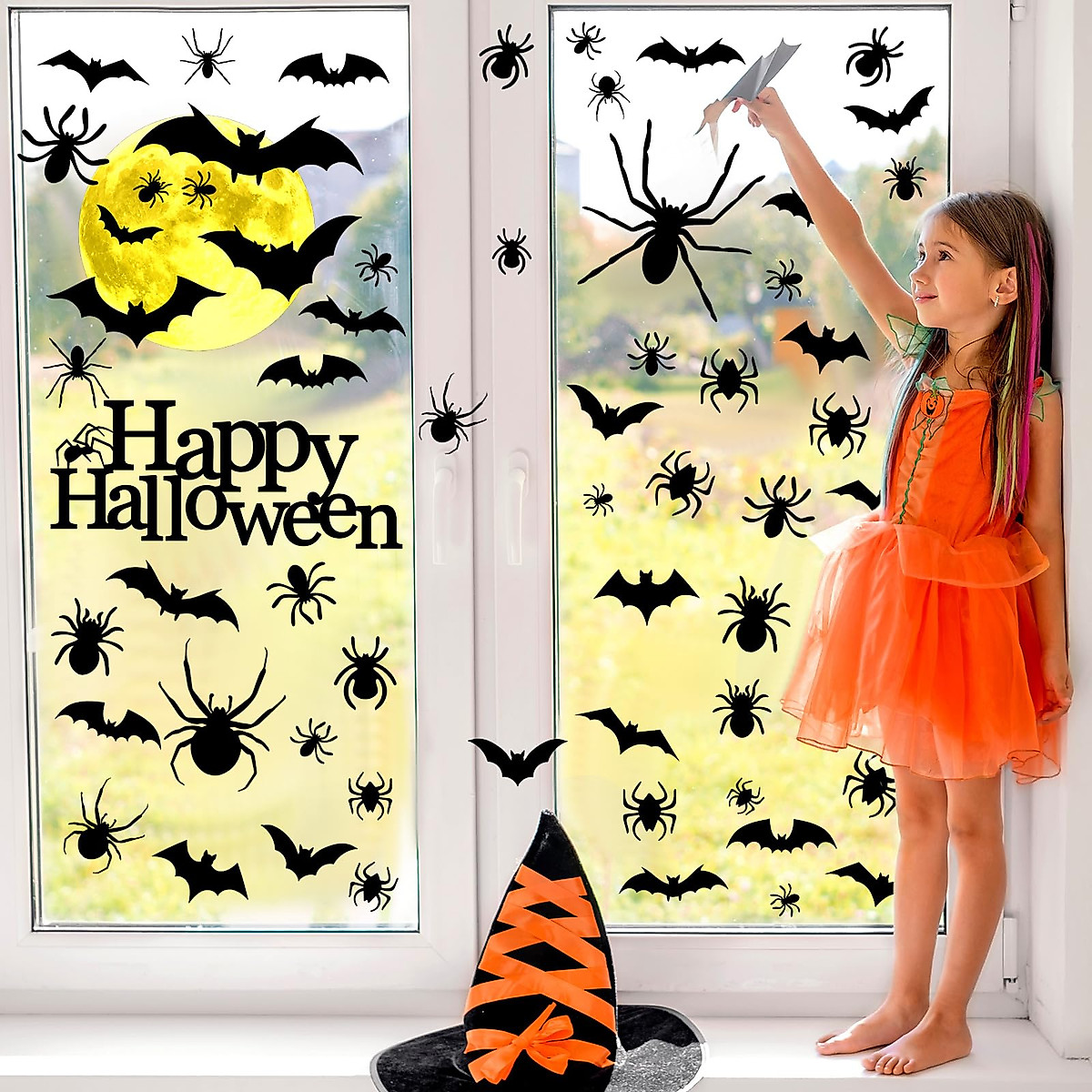 Qeeenar 76 Pcs Halloween Moon Wall Decal Halloween Bat Wall Stickers Vinyl Bat Wall Decals Halloween Removable Halloween Spiders Wall Sticker Halloween Bats Wall Decals Party Decorations, 6 Sheets
