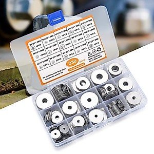 230 Pcs Stainless Steel Large Fender Washers, 15 Sizes Flat Penny Washers Assortment Kit for Car Ship Assembly, Furniture Installation, Electrical Connections, DIY Project (230)