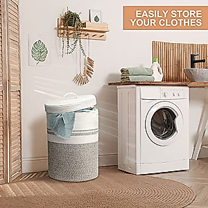 Goodheim Laundry Hamper with Lid, Large Woven Laundry Basket，Blanket and Toy Storage Basket for Living Room, Bedroom, Bathroom, Nursery（Brown and White，55L）