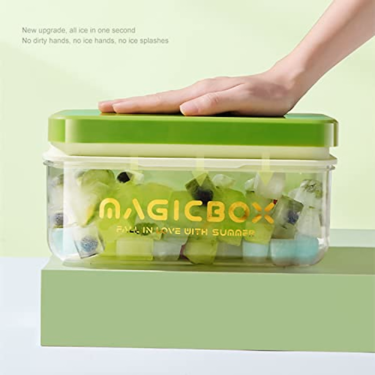 LittleStar Silicone Ice Cube Trays with Press Lid Ice Makers Mold with Container & Scoop 64Pcs x0.95 inch Small Square Ice Cubes for Whisky Chingling Cocktail and Milk Tea (Green)