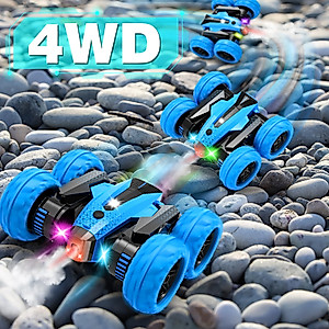 SUPIREO RC Cars, 2.4GHz Fast Stunt RC Car, 4WD Double Sided 360° Rotating RC Trucks with Headlights, High Speed Off Road Stunt Truck, Cool Spray Patterns, Remote Control Cars Toy for Boys Girls