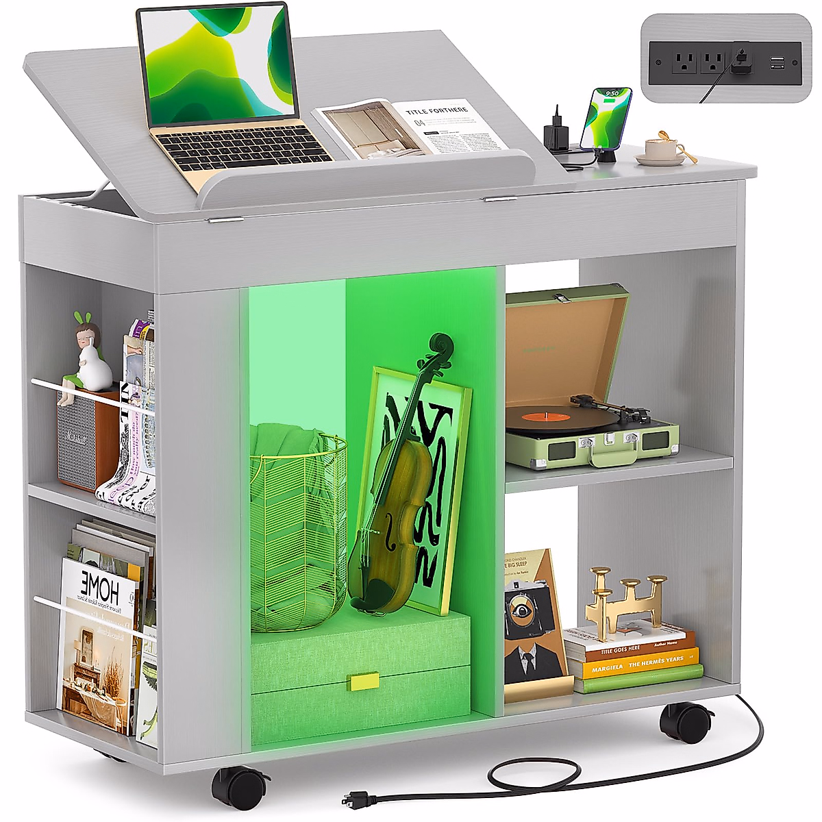 Cyclysio Adjustable End Table, Mobile Side Table with Power Outlets, 3-Tier Laptop Table with Adjustable Top Board, Storage Bedside Table with LED Lights, Rolling End Table, Livingroom, Bedroom, Grey