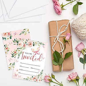 AnyDesign 20 Sets Butterfly Pink Floral Invitation with Envelopes Stickers 5 x 7 Inch Watercolor Flower Invitation Cards Blank Invites for Wedding Bridal Baby Shower Birthday Dinner Party