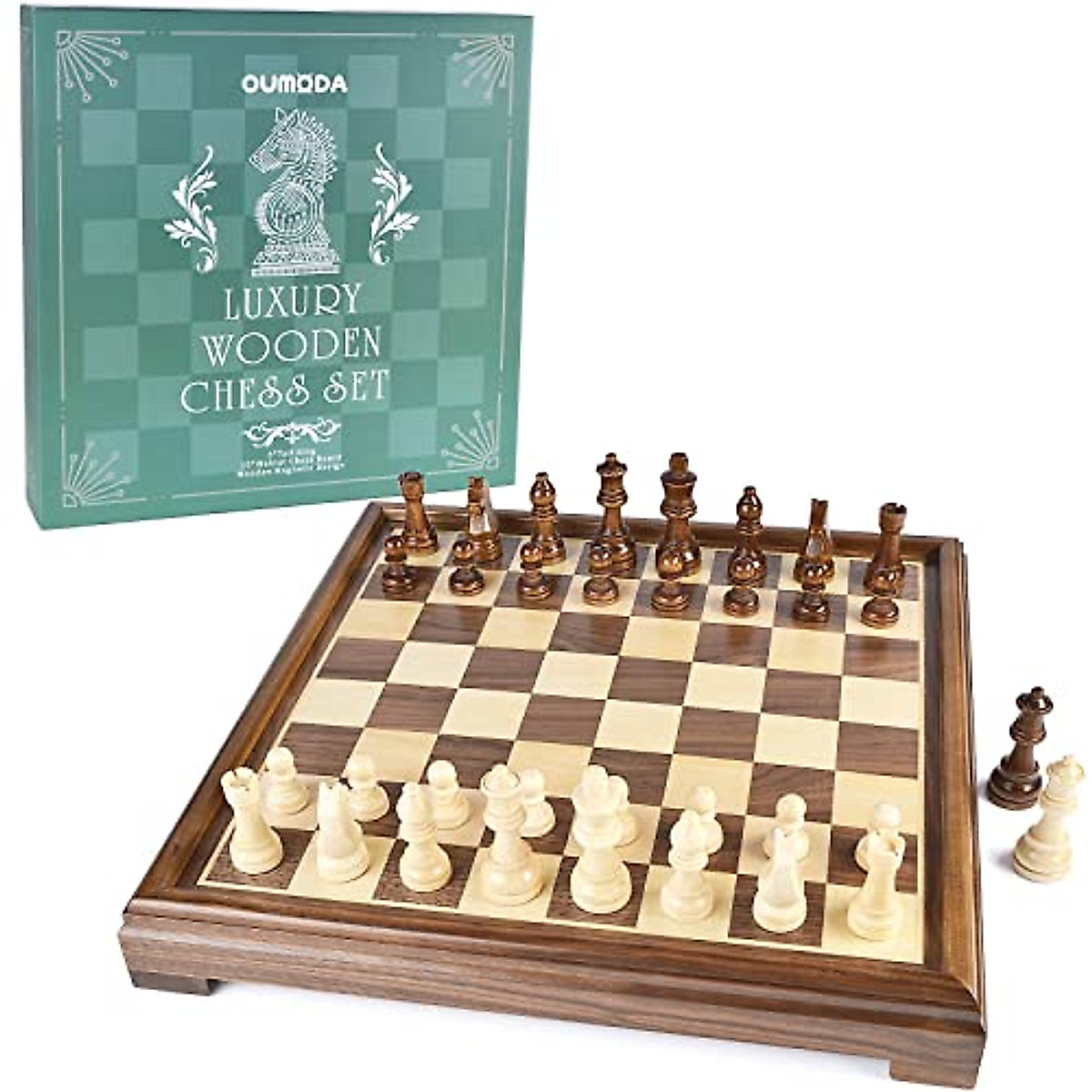 OUMODA Luxury Magnetic Wooden Chess Game Set - 15" Walnut Chess Board with Stylish Chess Pieces - 2 Extra Queens, Strap-Style Elastic Rope Storage, High End Gift, Birthday Housewarming Retirement