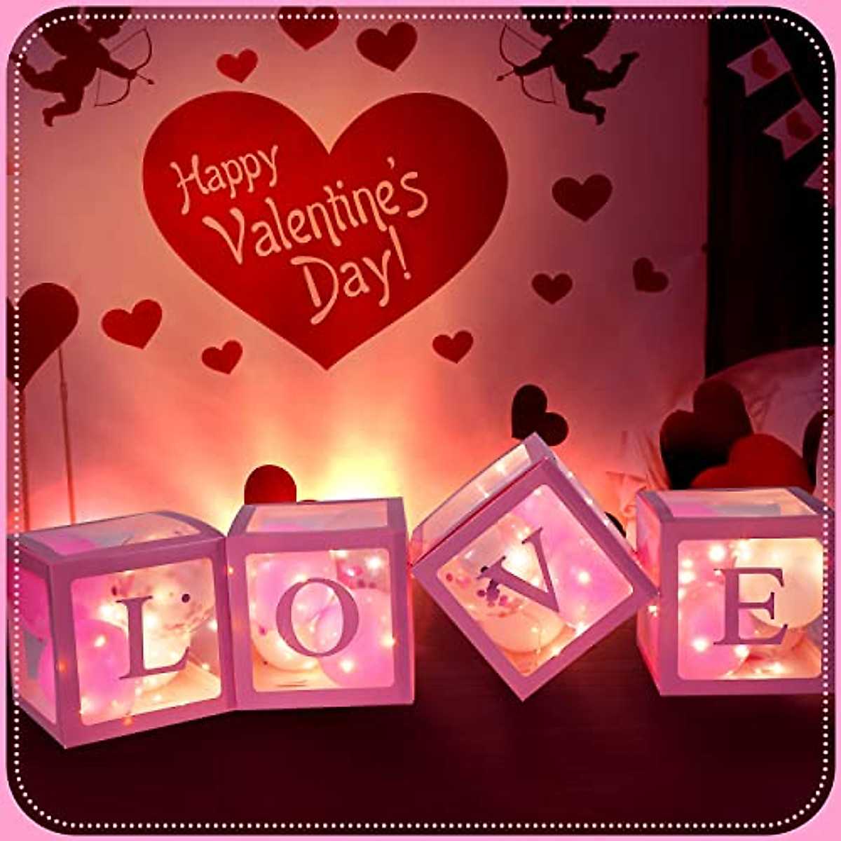 56 Pieces Valentine's Day Transparent Love Box Decorations with Balloon LED Light Letters for Valentine's Day, Wedding Party, Bridal Shower, Birthday Party Reveal Backdrop (Pink)