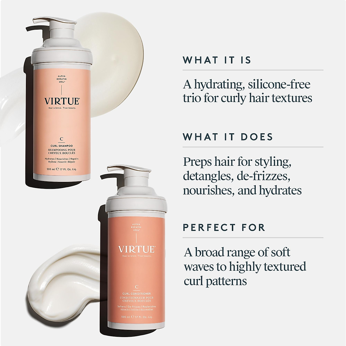 Virtue Curl Sulfate Free Shampoo and Conditioner Set with Jojoba Oil for Curly Hair with Frizz Control, Color Safe, 17 Fl Oz Each