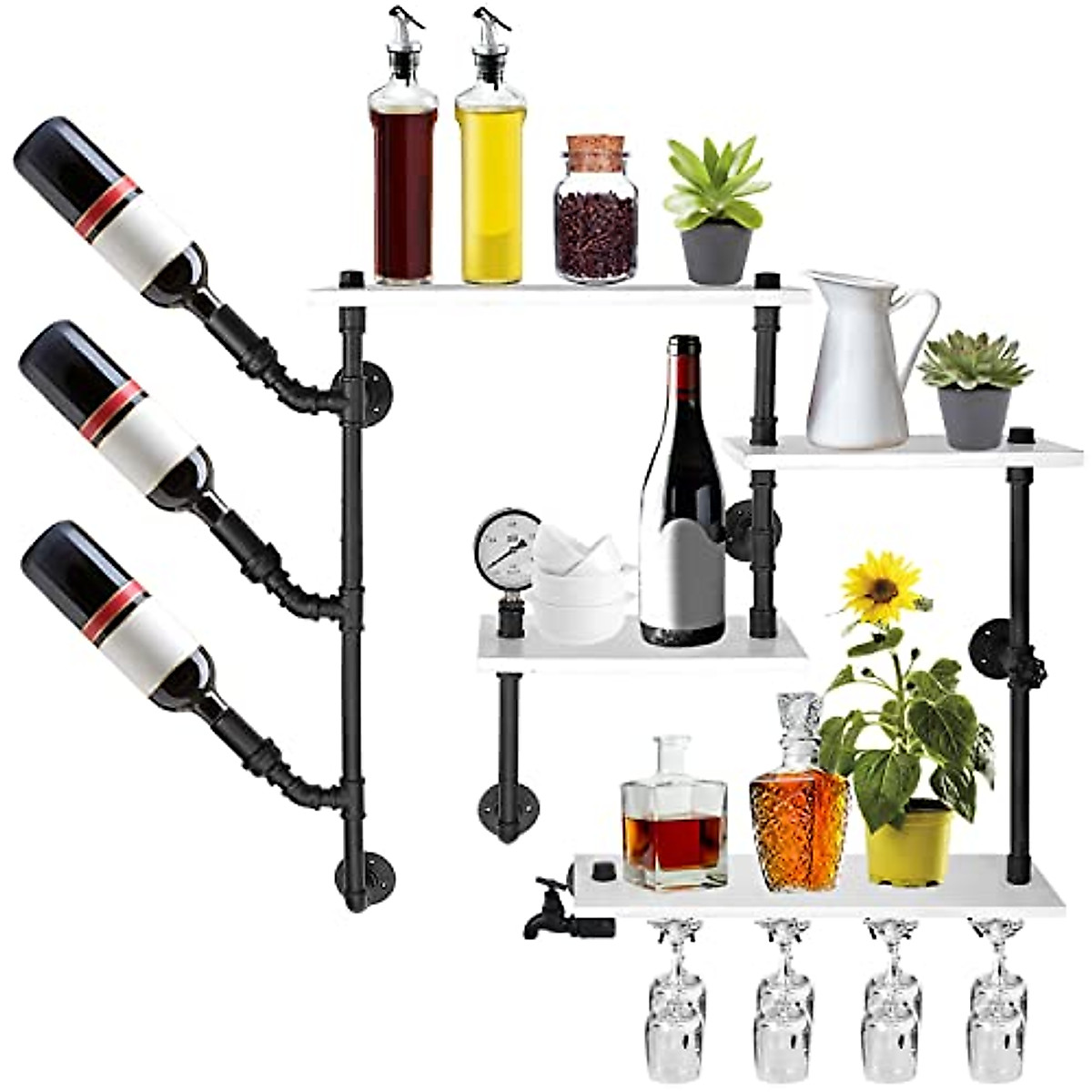 Rocomoco Wall Bar Shelves Industrial Pipe Shelving with 4 Stem Glass Holder, 4-Tiers Wine Rack Wall Mounted 42 Inch Rustic Floating Bar Shelves Wine Shelf Hanging Wood Shelves Glass Rack for Room