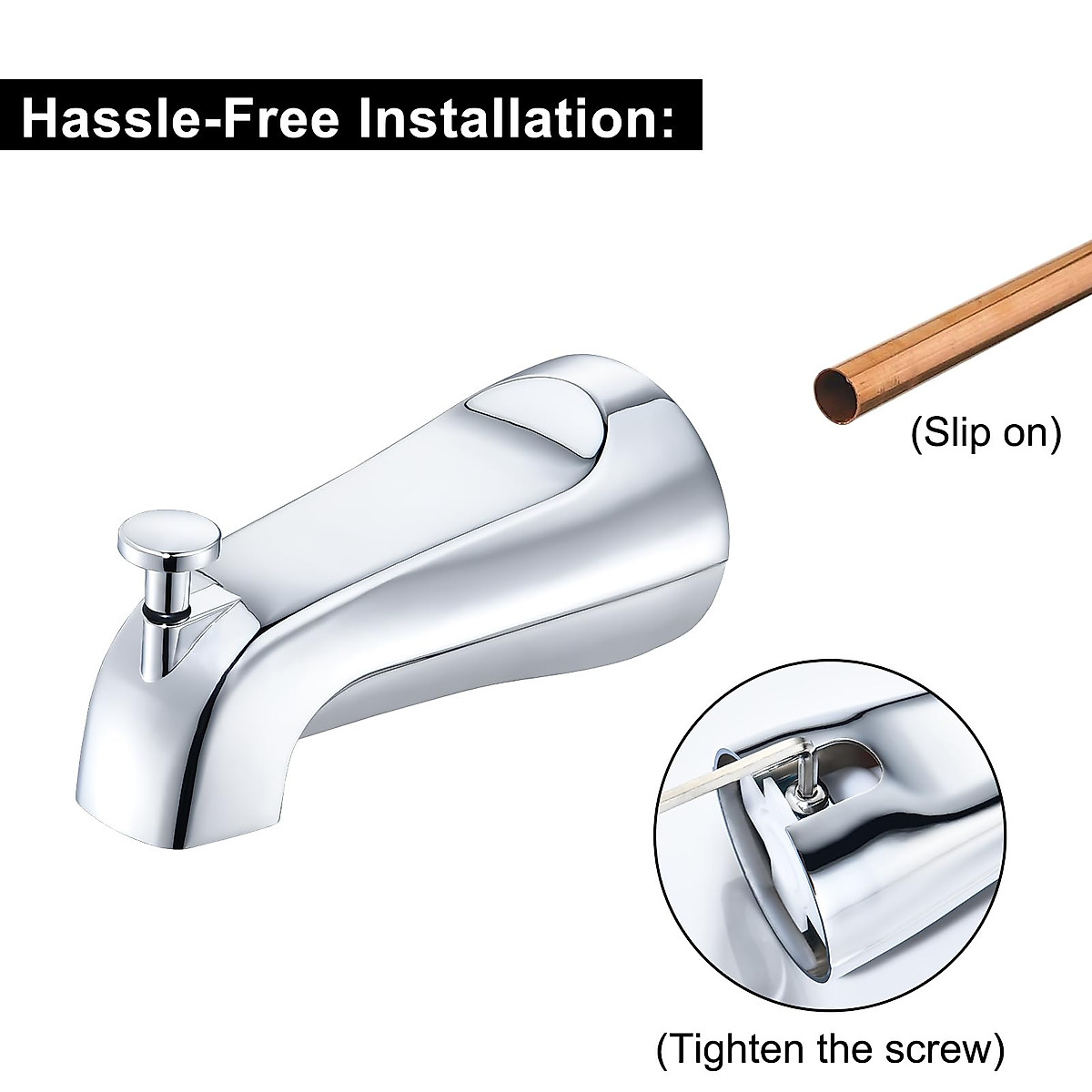 Tub Spout with Integrated Diverter for 1/2 inch Copper Tube - Metal Construction, Chrome