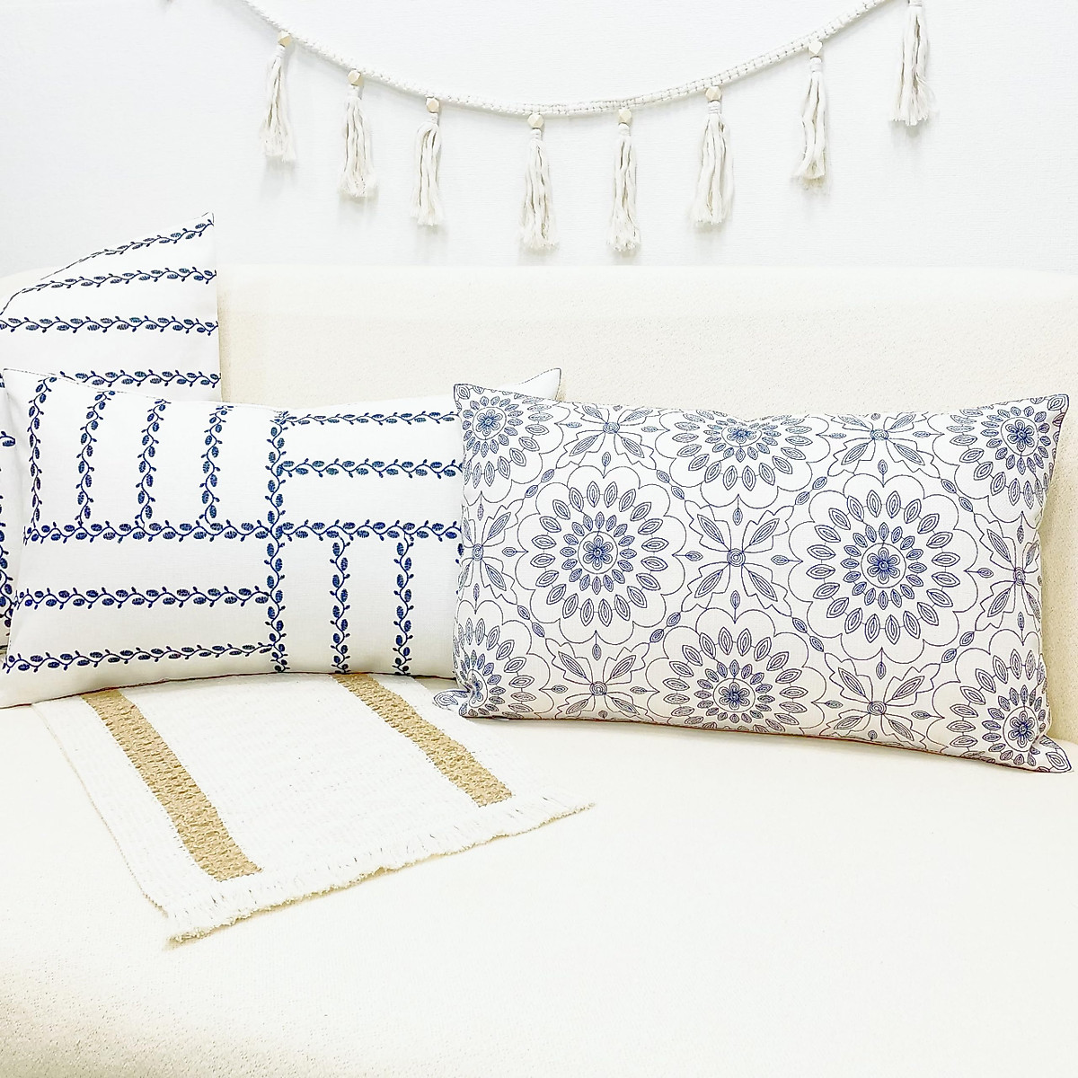 Slow Cow Linen Embroidery Decorative Lumbar Throw Pillow Cover Pillowcase Rectangular Pillow Cover Cushion Cover for Bed Couch Sofa 12 x 20 Inches Navy Blue