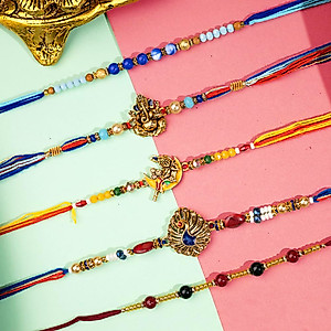 IndoTribe, Rakhi For Brother with Gift Set - Set of 5, Rakhi For Brother with Card, Roli Chawal | Rakhi for Brother and Bhabhi | Rakhi Hamper For Brother | Bhaiya Bhabhi Rakhi | Raksha Bandhan Rakhi