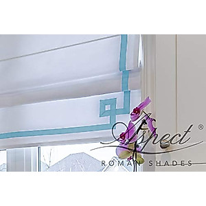 LOGANOVA Custom Flat Roman Shade with white background and baby blue Greek key border. Premium lining and chain mechanism.