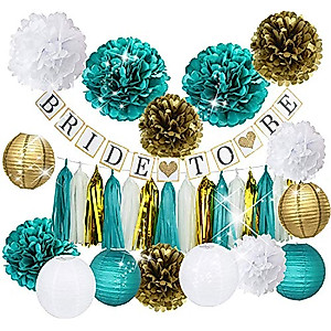 Furuix Bride Shower Decorations Bride to Be Banner White Teal Gold Tissue Pom Pom Paper Lanterns Tassel Garland for Hen Party/Bachelorette Party Decorations Kit - Bridal Shower Supplies