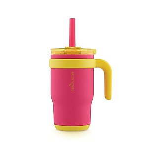 REDUCE 14 oz Coldee Tumbler with Handle for Kids Leakproof Insulated Stainless Steel Mug with Lid & Spill-Proof Straw, Keeps Drinks Cold up to 18 Hrs, Pink Lemonade