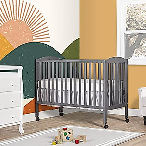 Dream On Me Full Size 2-in-1 Folding Stationary Side Crib in Steel Grey, Locking Wheels, Folds Flat for Storage, Comes with Teething Guard, Non-Toxic Finish