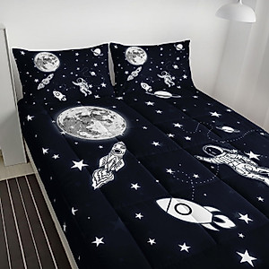 Datura home Fitted Mattress Pad Set for Girls Kids,Astronaut Moon Rocket Printed Kids' Mattress Pads Cover with 1 Quilted Fitted Sheet & 2 Pillowcases(Astronaut Twin)