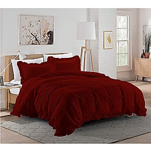 Xtream Fabric 1 Piece Frilled Duvet Cover Corner Edge Ruffle Comforter Cover & 4 Pillowcase, 5 PCs Frilled Duvet Set Cotton 800 TC Full/Queen Size, Burgundy