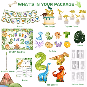 Fiesec Two Rex Birthday Decorations Boy, Dinosaur Party Decorations 2 Year Old Boy, 2nd Birthday Decorations For Boys, Backdrop Banner Balloon Cake Cupcake Topper Boxes Cutout Poster 138 PCs
