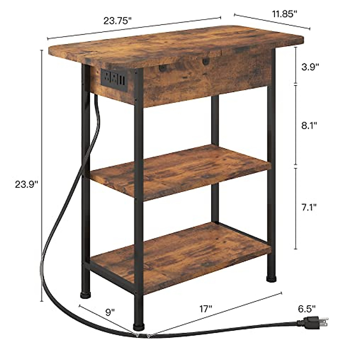 LIDYUK End Table with Charging Station, Flip Top Side Table with USB Ports and Outlets, Nightstand for Small Spaces, Bedside Tables with Storage Shelf for Living Room, Bedroom, Brown