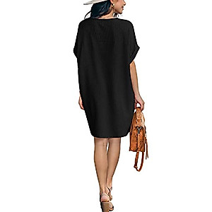 IWOLLENCE Women Waffle Knit Tunic Dress Casual Summer Short Sleeve Loose Dresses Cover Up Beach Dresses with Pocket Black Small