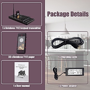 Retekess T112 Pager Systems for Restaurants Wireless Calling System Restaurant Pager System with 30 Pcs Coaster Pagers 999-channel Keypad Call Buttons System and Charging Dock Transmitter(30 Pagers)