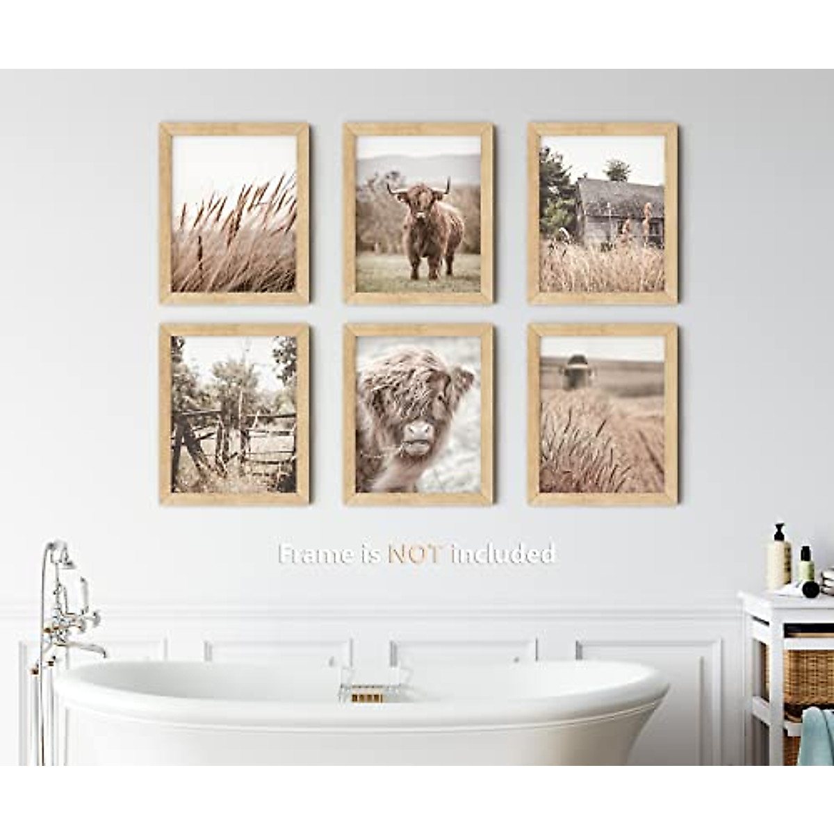 VICBOU Highland Cow Wall Art Highland Cow Decor Farmhouse Wall Decor Farm Animal Cow Print Stuff Rustic Wheat Field Landscape Print Painting for Home Kitchen Bathroom Living Room, 6Pcs, 8x10 Unframed
