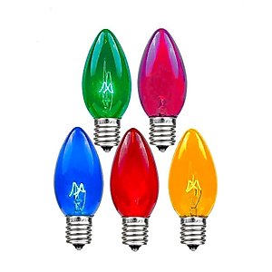 Novelty Lights 25 Pack C9 Twinkle Outdoor Christmas Replacement Bulbs, Multi, E17/C9 Intermediate Base, 7 Watt…