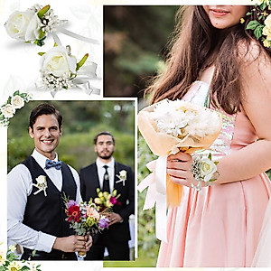 Geosar 12 Pcs Wedding White Corsage and Boutonniere Set for Bride, Bridesmaid, Includes 6 Artificial Corsage Wristlet and 6 Boutonniere for Men Wedding Wrist Corsage Rose Prom Suit Decorations