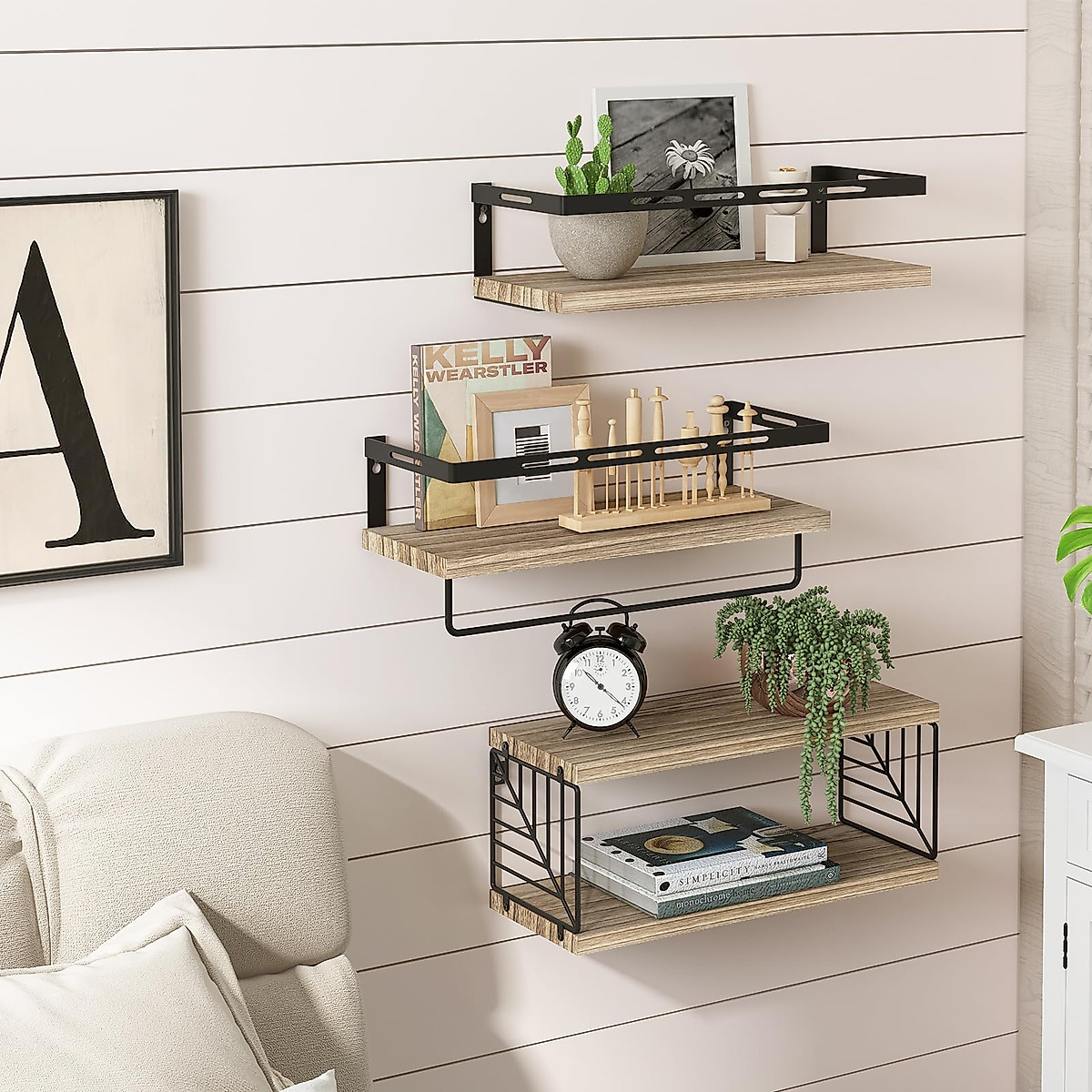 Fixwal 3+1 Bathroom Shelves Over Toilet, Floating Shelves Wall Mounted with Metal Frame and Towel Bar for Bathroom, Kitchen, Bedroom, Living Room (Rustic Brown)