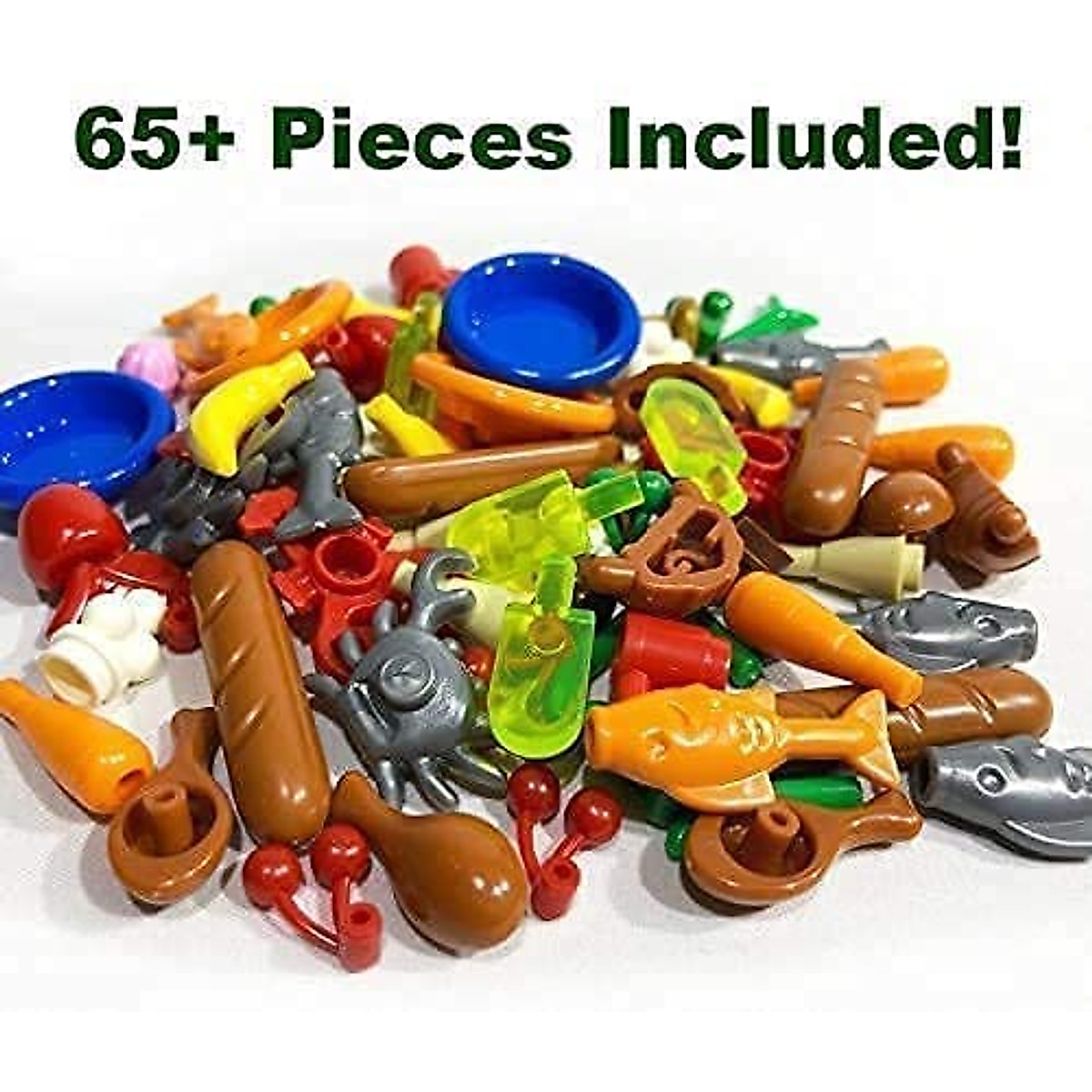 Brick Loot Over 90 Pcs Toy Sushi Food Building Blocks - City Kitchen Maki Roll Accessories Pack - Fits Lego Minifigures, Carrots Lobsters Crabs Bread Plates Apples Cherries Chicken Fish, Ice Cream