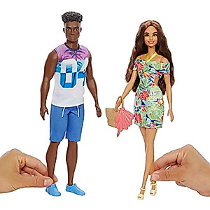 Barbie Ken Fashions 2-Pack Clothing Set, 1 Outfit & Accessory for Barbie Doll: Tropical Dress & Tote; 1 Outfit & Accessory for Ken Doll: Jersey & Board Shorts, Gift for Kids 3 to 8 Years Old