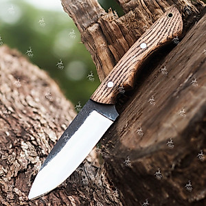 10'' Inch Fixed Blade Hunting Knife, Bushcraft, Survival, Outdoor, Skinning, Camping Full Tang Knife With Leather Sheath. (Oak Wood)