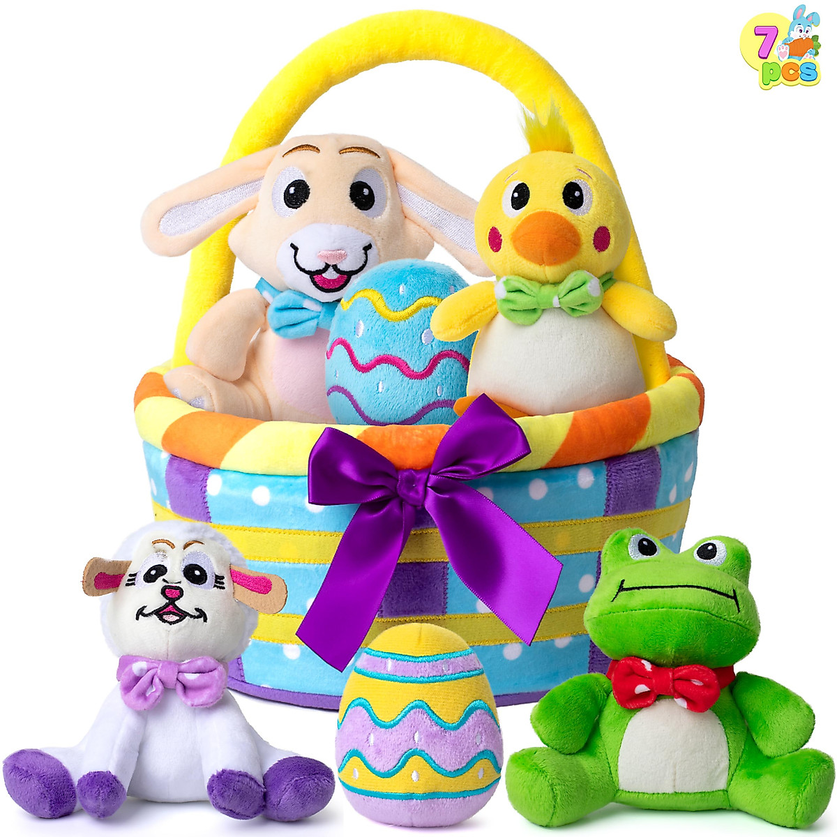 JOYIN 7 PCS Basket for Easter Stuffed Plush Playset for Baby Kids Easter Theme Party Favor, Easter Eggs Hunt, Basket Stuffers Fillers, Party Supplies Decorations