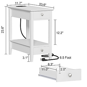 Treocho Side Table with Charging Station, Narrow End Table with Storage, 2-Drawer Nightstand with USB Ports & Power Outlet, White Sofa Bedside Table for Small Spaces, Living Room, Bedroom