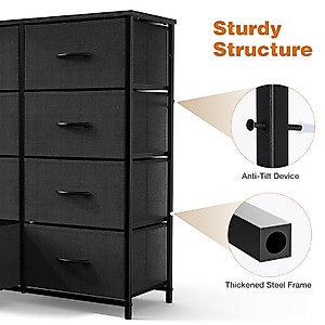 Bedroom Dresser, Tall Dresser and Fabric Storage Tower, Bedroom Chest of Drawers, Organizer Unit with 8 Drawers, Locker, Hallway, Closet, Wooden Top and Sturdy Steel Frame (Black)