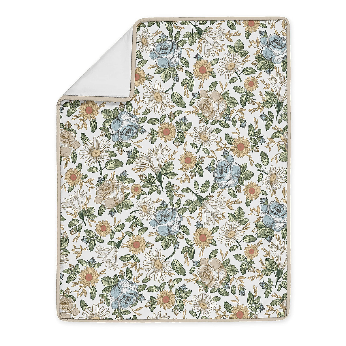 Sweet Jojo Designs Vintage Floral Blue Yellow Baby Girl Nursery Crib Bedding Set - 4 pieces - Slate Green Gold Orange Taupe Beige White Shabby Chic Rose Flower Boho Bohemian Farmhouse Roses Wildflower