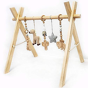 Wooden Play Gym for Baby FOLDABLE Infant Activity Set WILD WEST ADVENTURES Cowboy Natural Wooden Montessori Mobile Toys with Wooden Frame Play Gym Activity Set and Handmade Crochet teething toys
