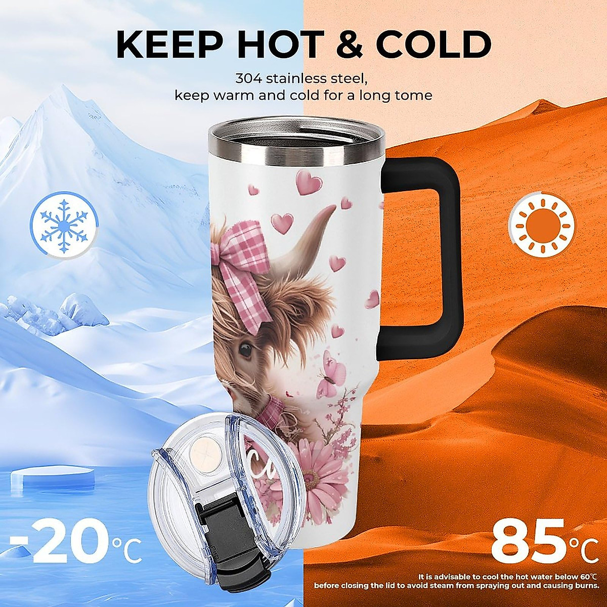 Zxyhomex Personalize Cute Pink Cow Print Tumbler 40 oz with Handle Straw Lid, Heifer 40oz Vacuum Insulated Coffee Mug, Highland Cow Birthday Gifts