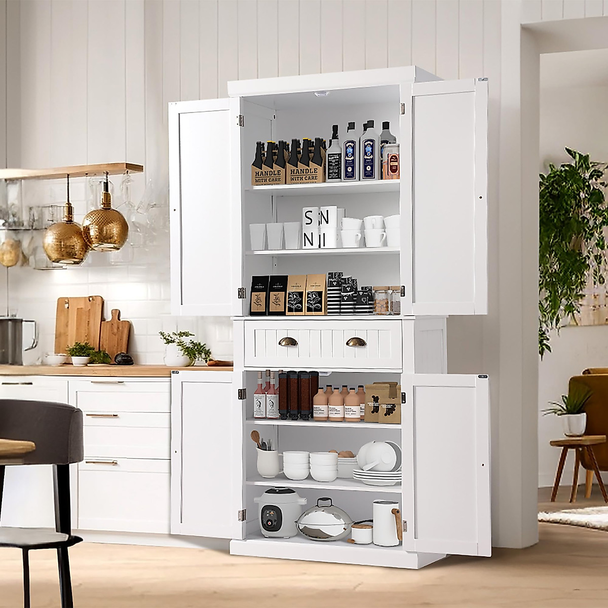 LOUVIXA 72" Kitchen Pantry Storage Cabinet, Freestanding Cupboard with 2 Cabinets, Drawer and Adjustable Shelves, Tall Storage Cabinet for Kitchen, Dinning Room, Living Room (White)