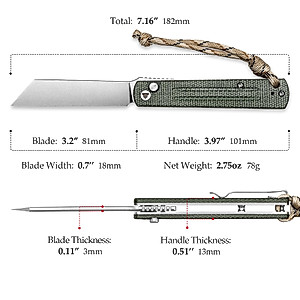 TRIVISA Japanese Higonokami Razor Button Lock Folding Pocket Knife for Men or Women, EDC Tool Camping Outdoor Knives with Pocket Clip，3.2" 10Cr15CoMoV Blade and Micarta Handle Hydra-04G