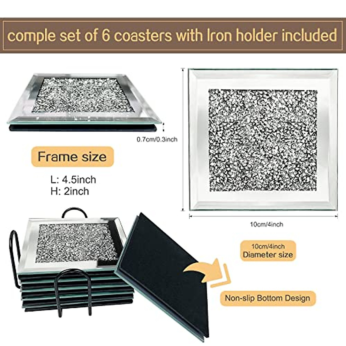 6 Sets Glass Mirrored Drink Coasters with Holder, DILIBRA Modern Bling Bling Crystal Cup Coasters for Dirnk, 4x4 Inches Crushed Diamond Glass Plates - Avoid Furniture Being Scratched and Soiled