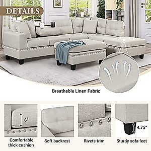 Eafurn L Shaped Sectional Reversible Chaise and Drop Down Table & Cupholders, Upholstery Corner Storage Ottoman, Tufted Convertible Sofa & Couch for Living Room Furniture Set, Gray