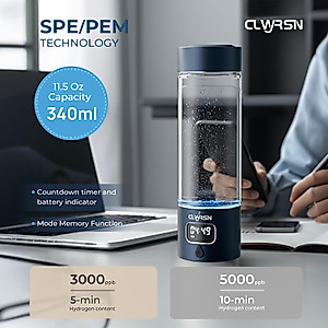 CLWRSN Hydrogen Water Bottle Generator with PEM & SPE Technology, High Borosilicate Glass, High Air Tightness with Countdown Timer and Battery Level Display,Suitable for Office, Home, Gym and Outdoor